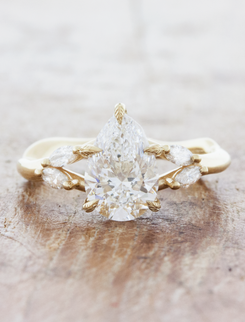 Aria: Split Shank Nature Inspired Pear Hidden Halo Engagement Ring | Ken & Dana Design