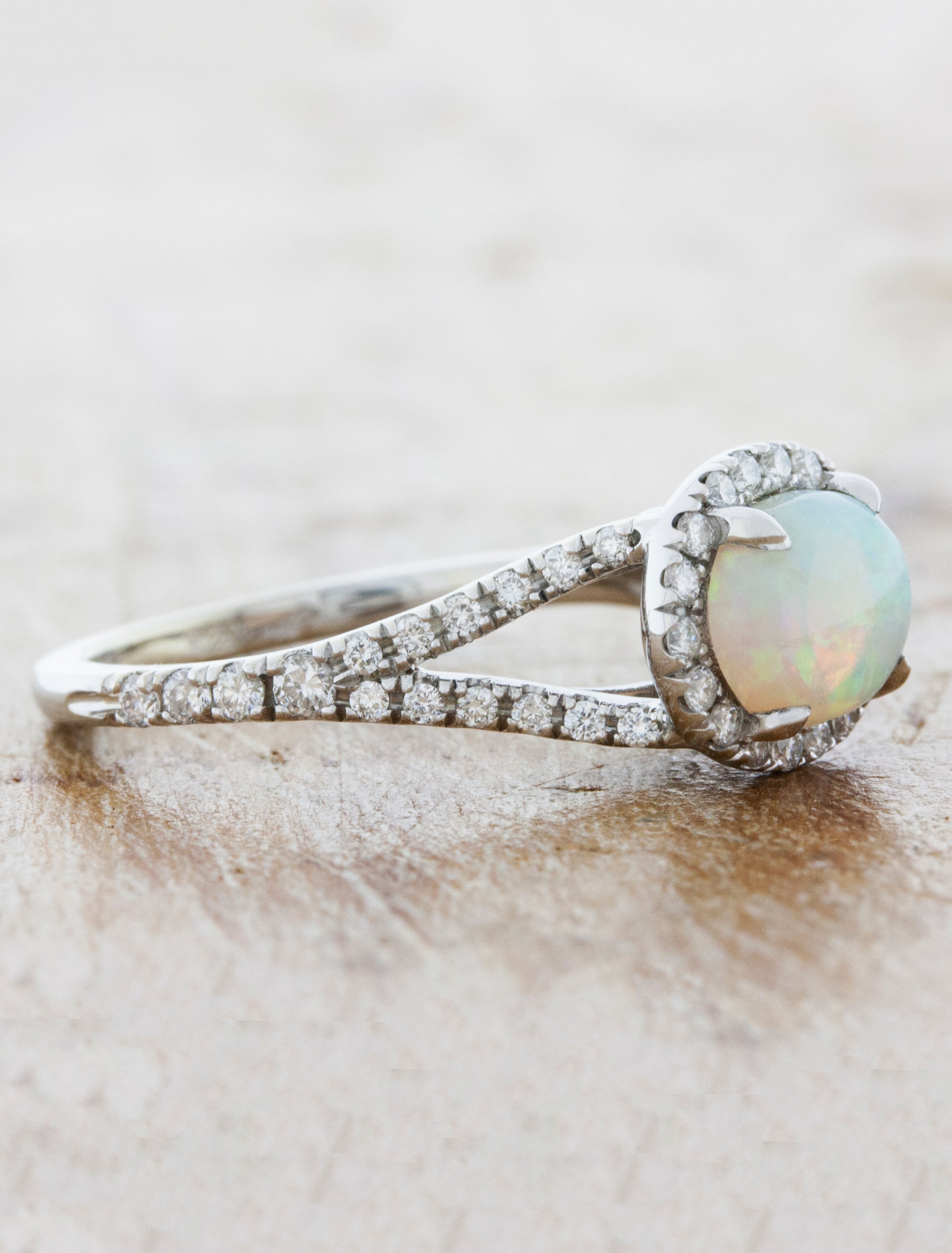 Dixie: East West Opal Split-Shank Halo Engagement Ring | Ken & Dana Design