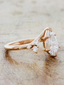 Harmony: Whimsical Rose Gold Pear Cluster Engagement Ring with Leaf Engravings | Ken & Dana Design