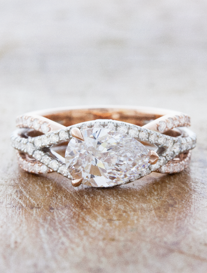 Jasmine: Interlaced Split Shank Pear Cut Diamond Ring | Ken & Dana Design