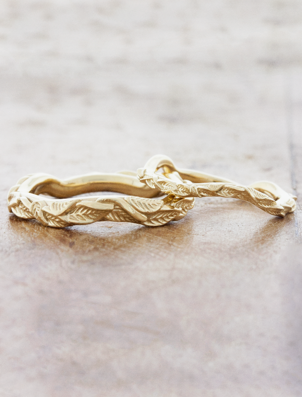 Zella & Ozzy: Matching Leaf Engraved Wedding Bands | Ken & Dana Design