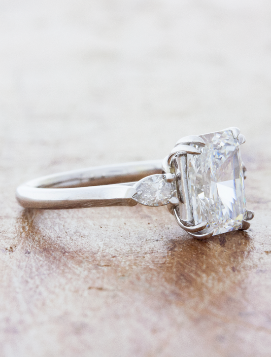 Permelia: Radiant Cut Three Stone Engagement Ring with Pear Side Stones | Ken & Dana Design