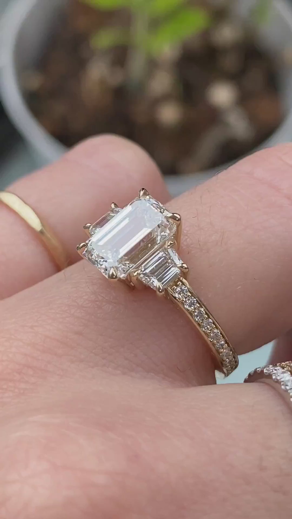 Angela: Classic Three Stone Emerald Cut Diamond Ring | Ken & Dana Design
