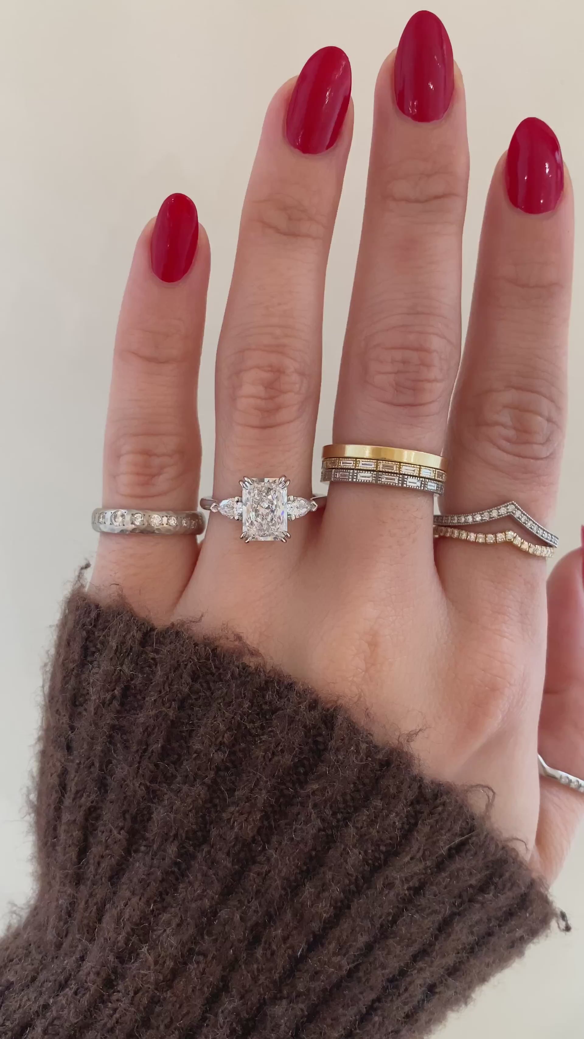 Permelia: Radiant Cut Three Stone Engagement Ring with Pear Side Stones ...