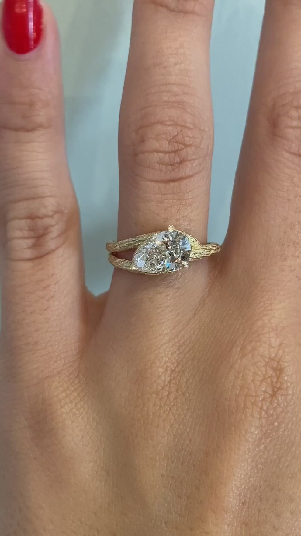 Luu: Bark Engraved Split Shank Engagement Ring with Horizontal Pear ...