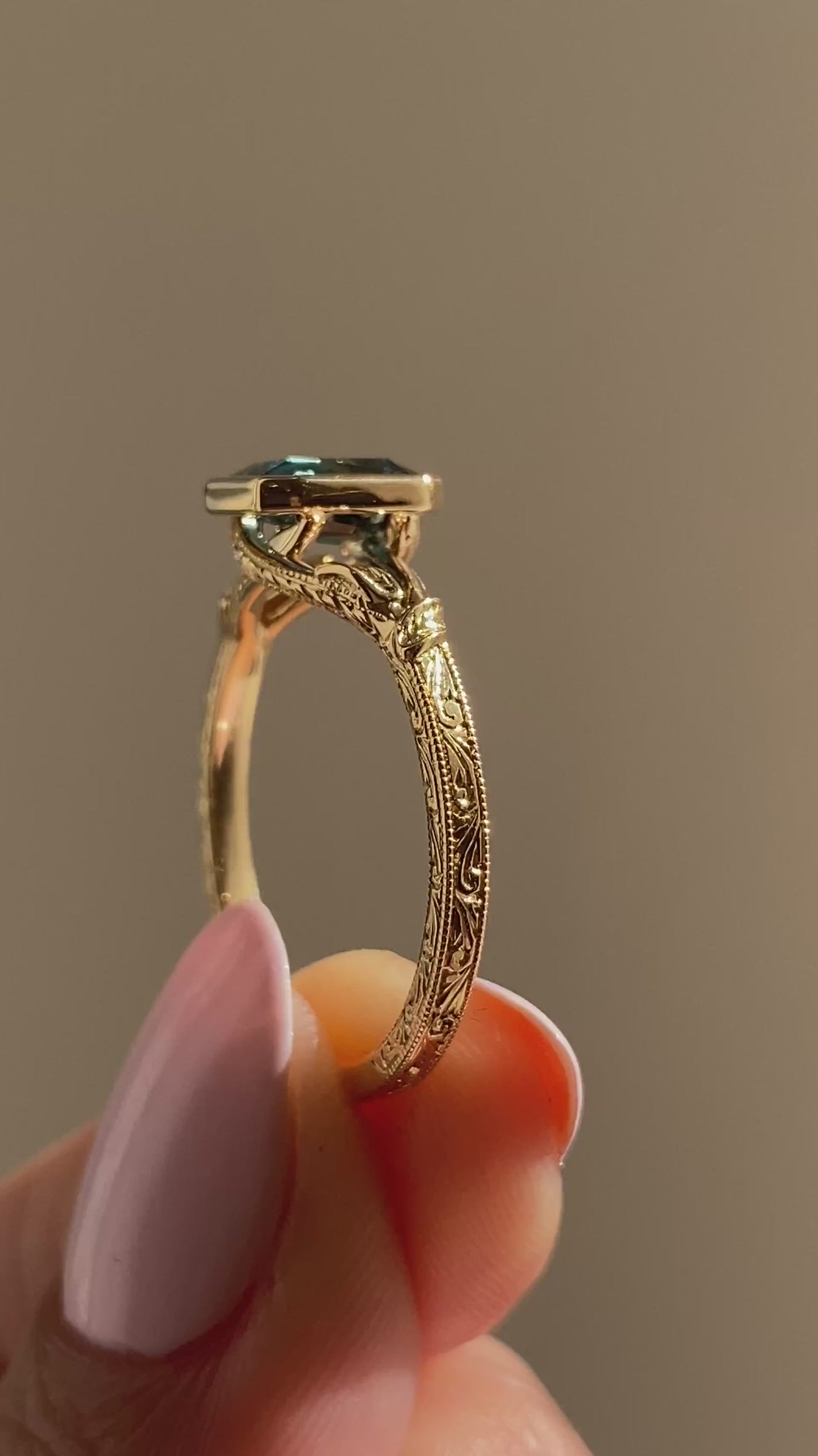 Gracelyn: Organic Split Shank Bezel Engagement Ring with Engraved Band ...
