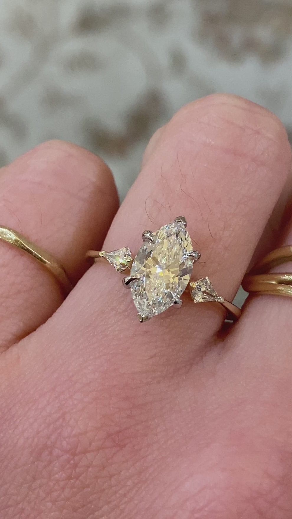 Piper: Modern Two-Toned Three-Stone Marquise Engagement Ring with Kite ...