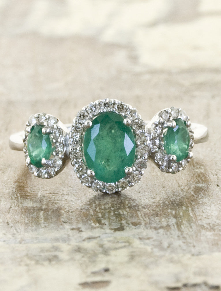Morgana: Three Stone Emerald Engagement Ring with Halos | Ken & Dana Design