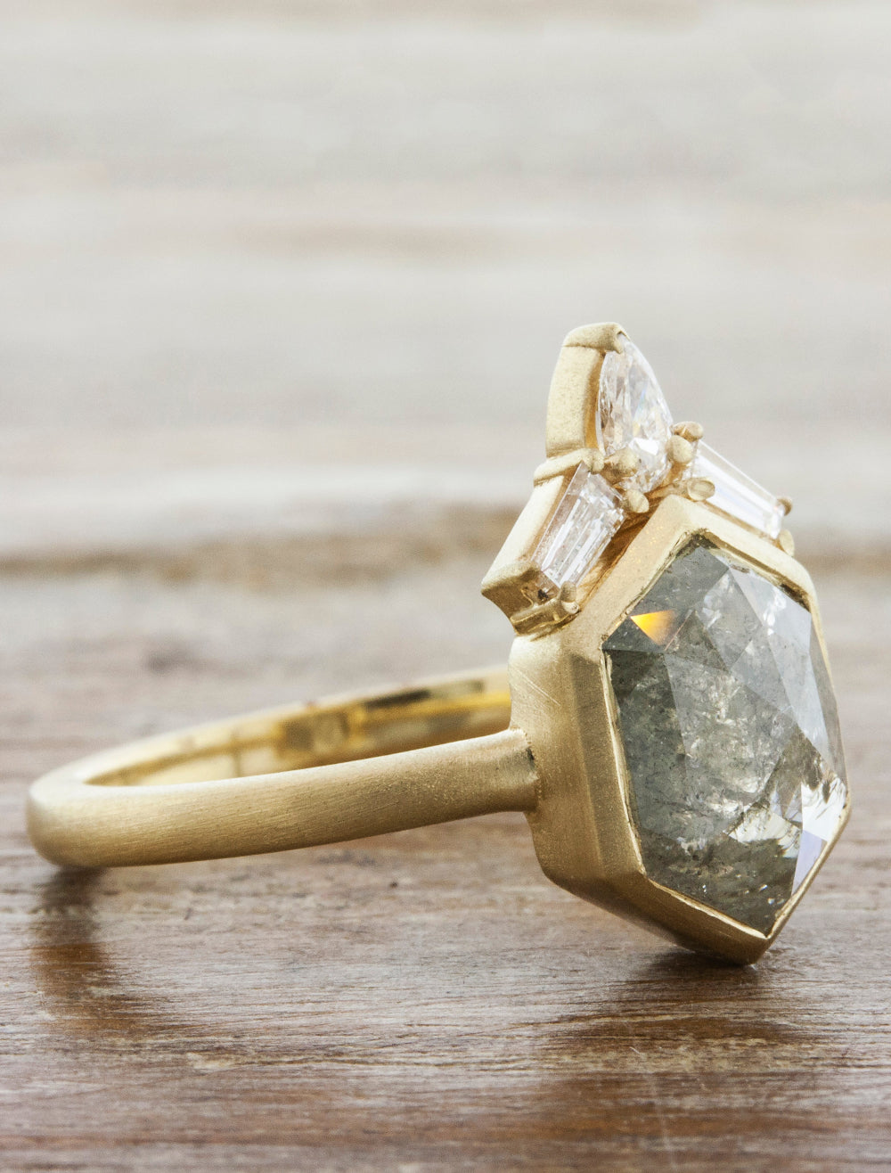 Arwen: Long Rough Diamond Hexagon Bezel Engagement Ring | Ken & Dana Design