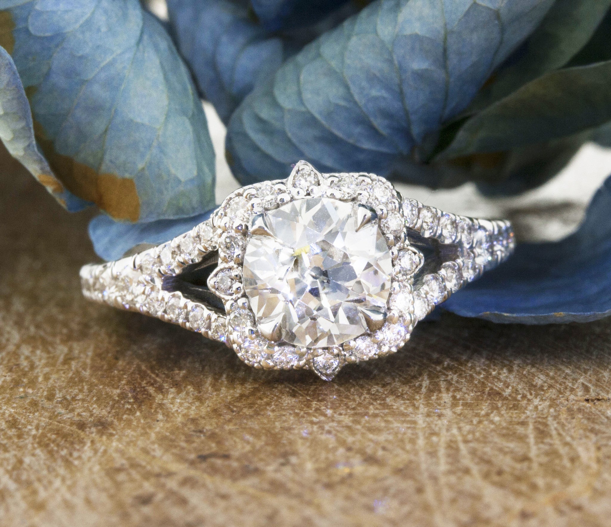 Kaile: Vintage-Style Diamond Ring on Intricate Band | Ken & Dana Design
